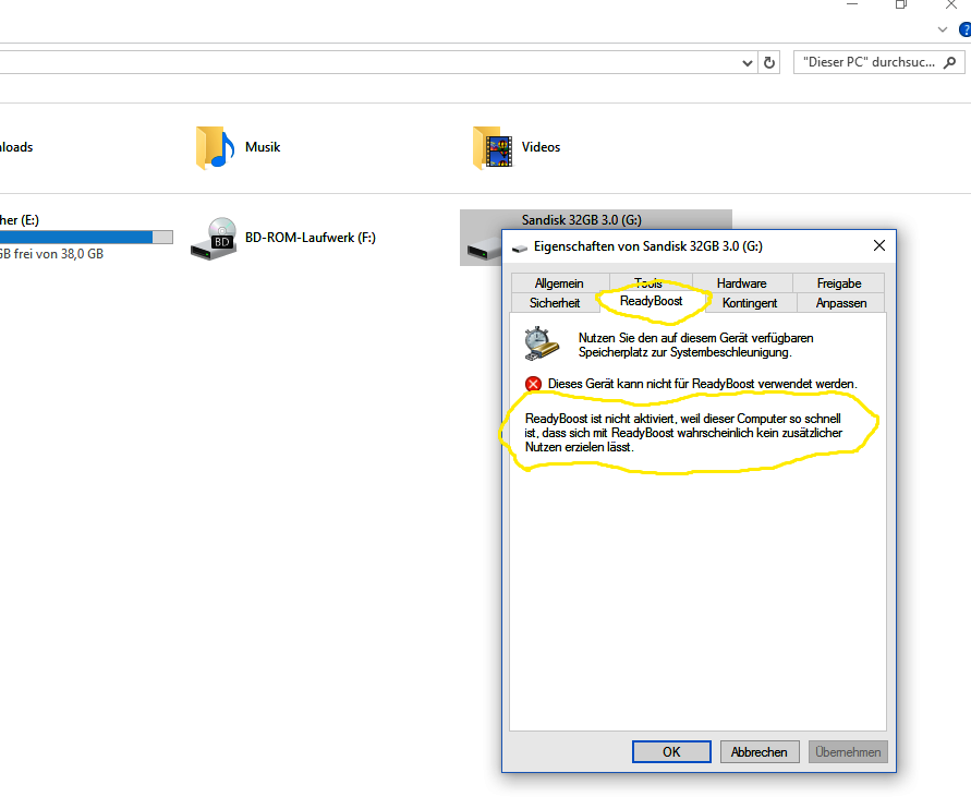 Windows 10 zeigt Readyboost bei keinem meiner USB Sticks an.