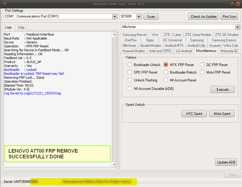 Lenovo A7700 Frp Removed Successfull Via Fastboot Mode Done By - GSM-Forum